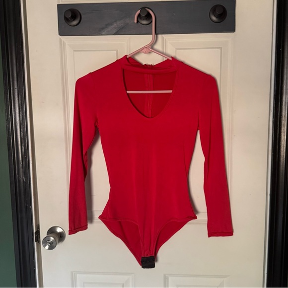 Tops | Red Keyhole Neck Long Sleeve Bodysuit | Poshmark